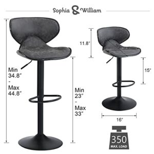 Sophia & William Bar Stools Set of 2, Adjustable Height Swivel Tall Kitchen Island Barstools,Modern PU Leather Counter Height Bar Stools with Back,Upholstered Bar Chairs,350lbs,Grey