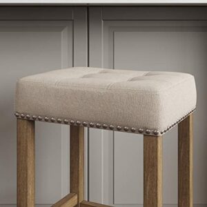 Nathan James Hylie Nailhead Wood Pub-Height Kitchen Counter Bar Stool 29", Natural Flax/Light Brown