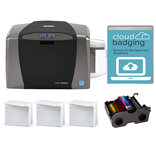 Fargo DTC1250e Complete ID Card Printer Bundle, PVC Cards, Cloudbadging Software for (50605) Single Sided Card Printing Machine