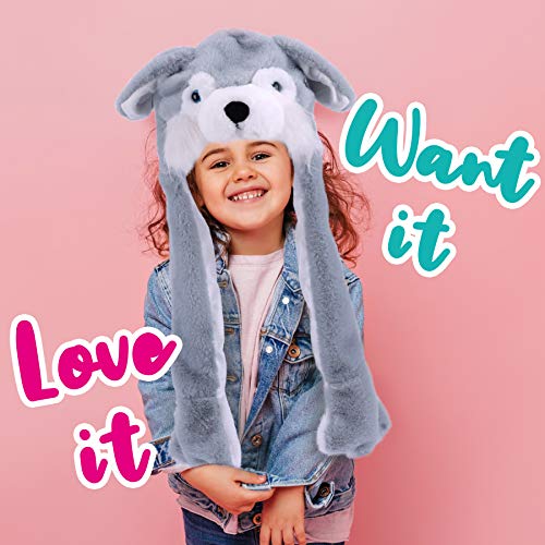 Hopearl Husky Hat with Ears Moving Jumping Pop Up Beating Hat Plush Holiday Cosplay Dress Up Funny Gift for Kids Girls, Gray, 22''