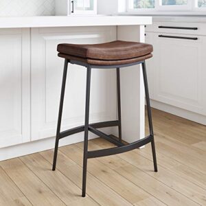 nathan james 22202 arlo modern backless upholstered kitchen counter bar stool with double-layered saddle seat and metal base, brown/matte black