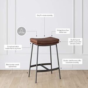 Nathan James 22202 Arlo Modern Backless Upholstered Kitchen Counter Bar Stool with Double-Layered Saddle Seat and Metal Base, Brown/Matte Black