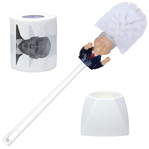 Joe Biden Toilet Paper and Brush With Holder | Funny Political Novelty Gag Gift | Make Your Friends and Family Laugh Out Loud | White Elephant Joke Gift