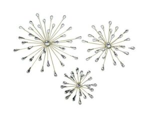 set of 3 gold finish teardrop crystal jeweled rhinestone starburst metal wall hangings art decorative home decor 6, 9, 12 inches in diameter