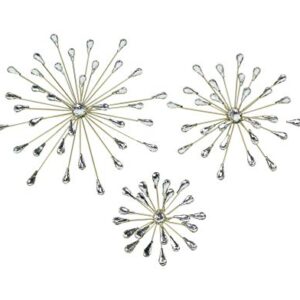 Set of 3 Gold Finish Teardrop Crystal Jeweled Rhinestone Starburst Metal Wall Hangings Art Decorative Home Decor 6, 9, 12 Inches in Diameter