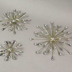 Set of 3 Gold Finish Teardrop Crystal Jeweled Rhinestone Starburst Metal Wall Hangings Art Decorative Home Decor 6, 9, 12 Inches in Diameter