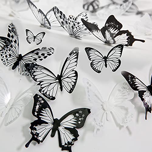 Aulynp 72Pcs Butterfly Wall Decor Stickers Glitter Removable 3D Mural Butterflies for Home Decoration Living Room Kids Bedroom Wall Decals Party Birthday Wedding with Adhesive Dots Black White