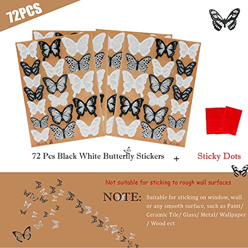 Aulynp 72Pcs Butterfly Wall Decor Stickers Glitter Removable 3D Mural Butterflies for Home Decoration Living Room Kids Bedroom Wall Decals Party Birthday Wedding with Adhesive Dots Black White