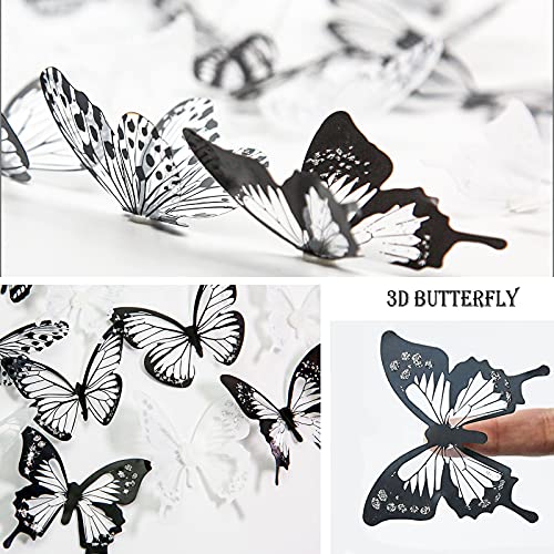 Aulynp 72Pcs Butterfly Wall Decor Stickers Glitter Removable 3D Mural Butterflies for Home Decoration Living Room Kids Bedroom Wall Decals Party Birthday Wedding with Adhesive Dots Black White