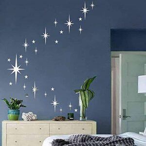 retro starburst mirror wall decals silver 3d acrylic sparkle wall decors star wall stickers removable star decals home wall decors(123pcs)