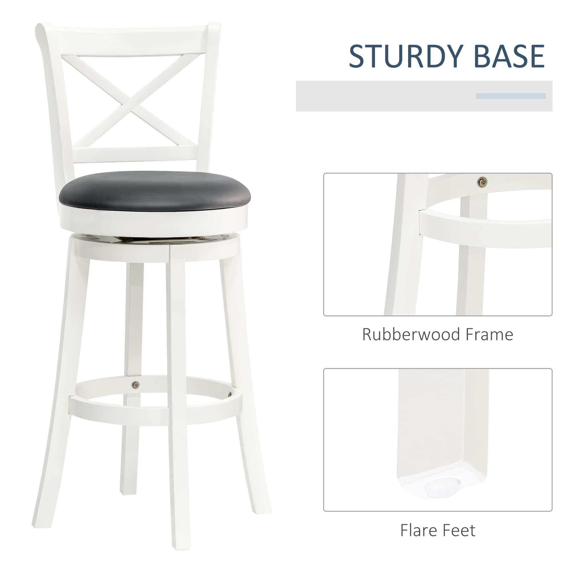 HOMCOM Traditional Bar Stool, 31 Inch Seat Height Barstool, Swivel PU Leather Upholstered Chair, with Cross Back and Rubberwood Frame, Cream White