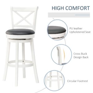 HOMCOM Traditional Bar Stool, 31 Inch Seat Height Barstool, Swivel PU Leather Upholstered Chair, with Cross Back and Rubberwood Frame, Cream White