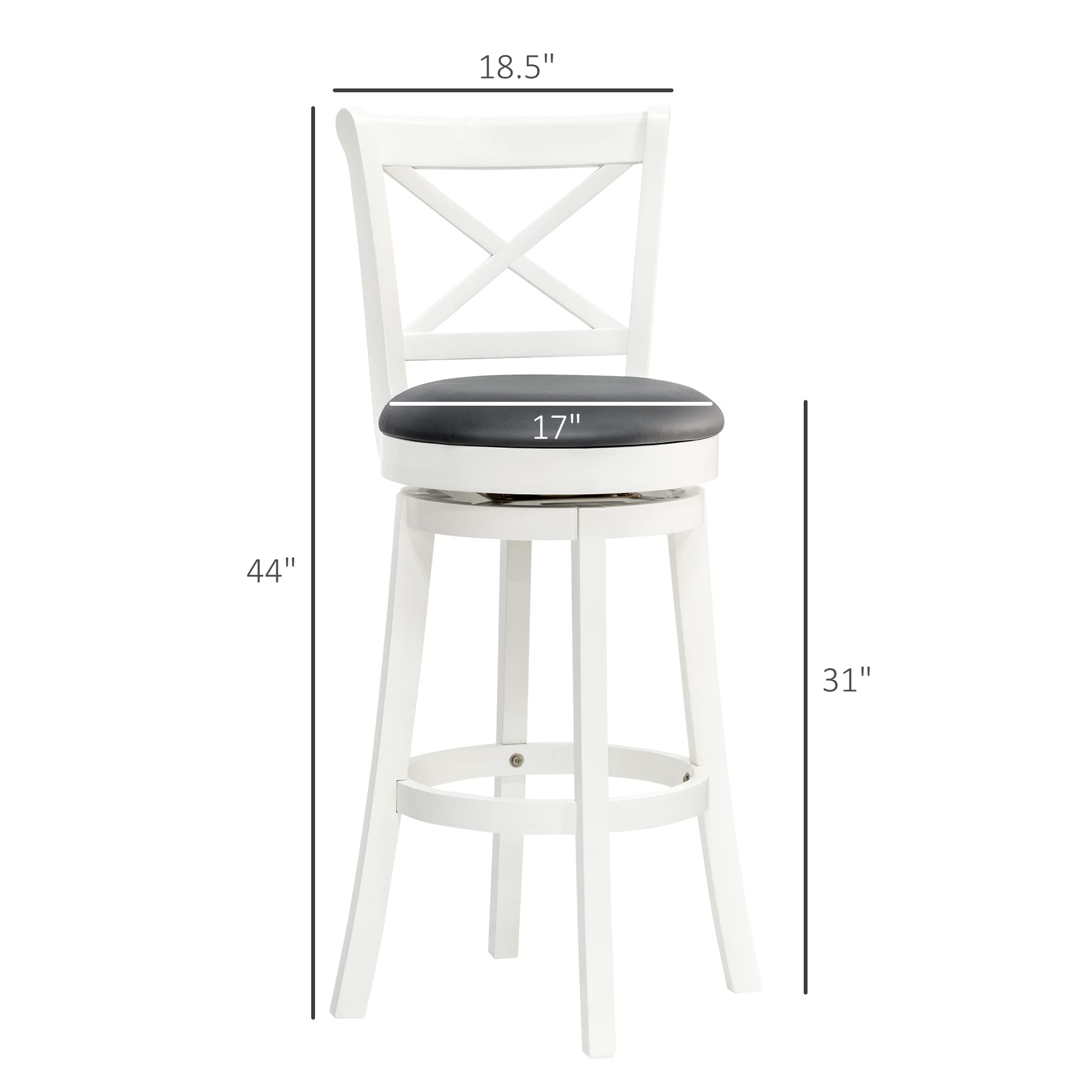 HOMCOM Traditional Bar Stool, 31 Inch Seat Height Barstool, Swivel PU Leather Upholstered Chair, with Cross Back and Rubberwood Frame, Cream White