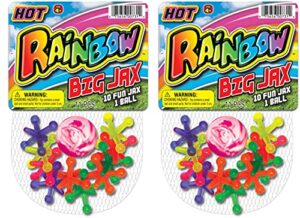 ja-ru rainbow jax toy set (2 pack) big plastic jacks game with ball for kids and adults. neon colored toy jacks. fun vintage retro toy. stocking stuffers party favor birthday gifts bulk. 731-2s