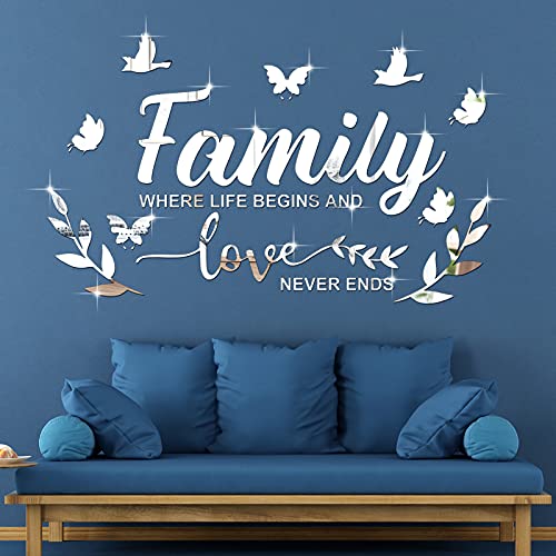 Mirror Family Wall Decor 3D Acrylic Wall Decal Stickers Family Letter Quotes Mirror Decor DIY Removable Wall Art Decals Motivational Butterfly Mural Stickers for Home Decor (Silver)