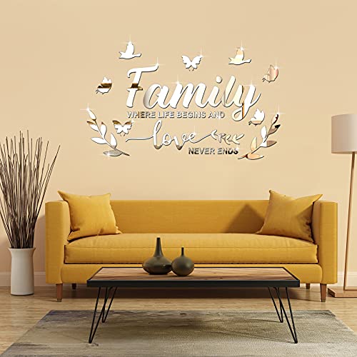 Mirror Family Wall Decor 3D Acrylic Wall Decal Stickers Family Letter Quotes Mirror Decor DIY Removable Wall Art Decals Motivational Butterfly Mural Stickers for Home Decor (Silver)