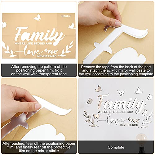 Mirror Family Wall Decor 3D Acrylic Wall Decal Stickers Family Letter Quotes Mirror Decor DIY Removable Wall Art Decals Motivational Butterfly Mural Stickers for Home Decor (Silver)