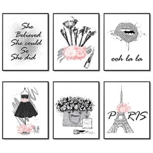 hoozgee silver gray fashion wall art girl room decor makeup room artwork prints set of 6 paris perfume flower lipstick canvas art posters wall decor for bedroom (11"x14" unframed, gray pink)