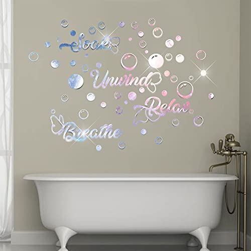 60 Pieces 3D Acrylic Mirror Wall Stickers Decor, Bathroom DIY Removable Mirror Wall Decals Sticker Decor Circle Bubbles for Bathroom Bedroom Living Room Home Decoration (Silver)