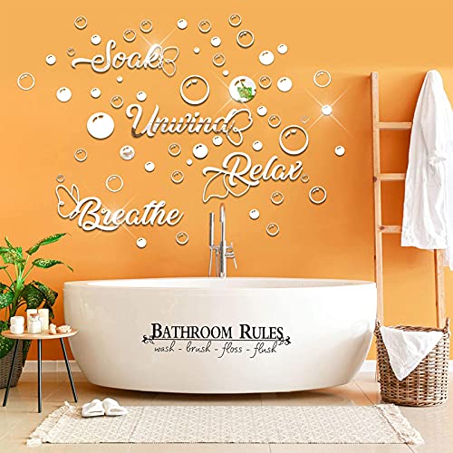 60 Pieces 3D Acrylic Mirror Wall Stickers Decor, Bathroom DIY Removable Mirror Wall Decals Sticker Decor Circle Bubbles for Bathroom Bedroom Living Room Home Decoration (Silver)