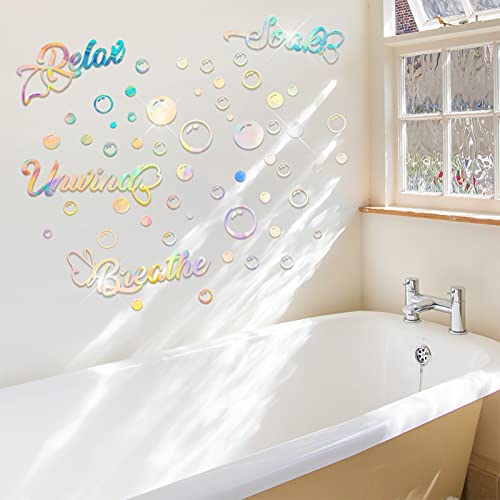 60 Pieces 3D Acrylic Mirror Wall Stickers Decor, Bathroom DIY Removable Mirror Wall Decals Sticker Decor Circle Bubbles for Bathroom Bedroom Living Room Home Decoration (Silver)