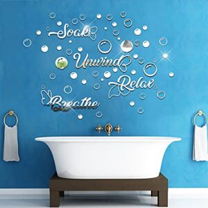 60 Pieces 3D Acrylic Mirror Wall Stickers Decor, Bathroom DIY Removable Mirror Wall Decals Sticker Decor Circle Bubbles for Bathroom Bedroom Living Room Home Decoration (Silver)