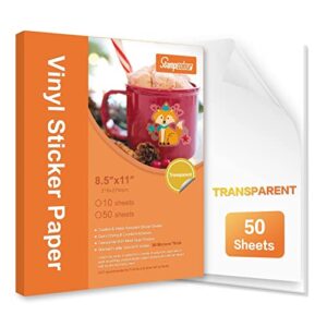 stampcolour printable vinyl sticker paper for cricut,transparent no-waterproof, clear decal 50 sheets self-adhesive crafts,dries quickly tear resistant-for any epson hp canon sawgrass inkjet printer