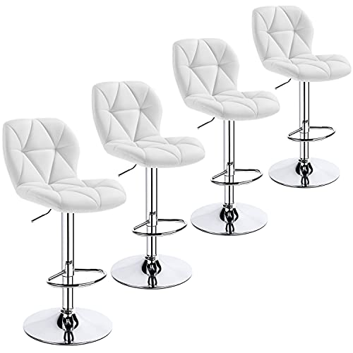 Yaheetech Bar Stools Set of 4 Adjustable PU Leather 360°Swivel Count Bar Chair with Backresr Home Kitchen Counter Stools for Kitchen Counter, White