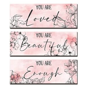 3 pieces floral wooden hanging wall art positive quotes you are loved you are beautiful you are enough inspirational word sign decors for teen girls women room (pink. 4 x 11 inch)