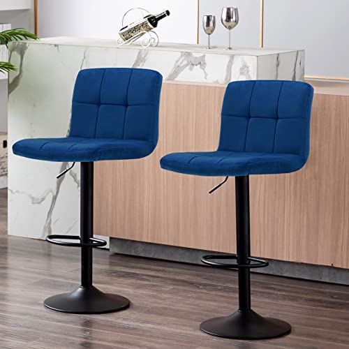 Duhome Velvet Bar Stools Set of 2, Bar Chairs Set Counter Height Bar Stool Adjustable Swivel Island Stools for Kitchen Pub, Dark Blue