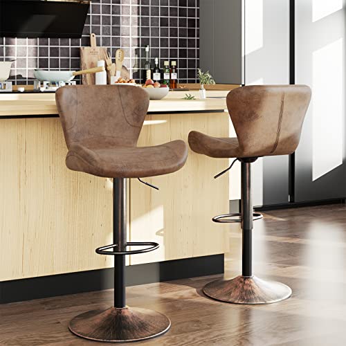 Keyluv Bar Stools Set of 2 Adjustable Swivel Counter Height Barstools Bar Chairs with Backrest and Metal Frame Modern PU Leather Barstool Chairs for Kitchen Bistro Pub, Retro Brown