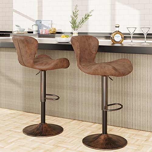 Keyluv Bar Stools Set of 2 Adjustable Swivel Counter Height Barstools Bar Chairs with Backrest and Metal Frame Modern PU Leather Barstool Chairs for Kitchen Bistro Pub, Retro Brown