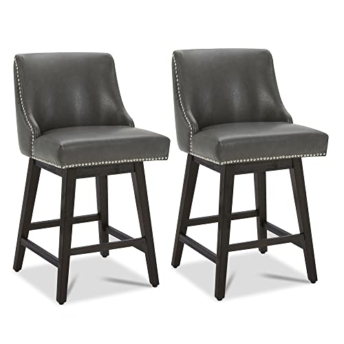 CHITA Counter Height Swivel Barstools, 26" H Seat Height Upholstered Bar Stools Set of 2, Faux Leather in Retro Grey