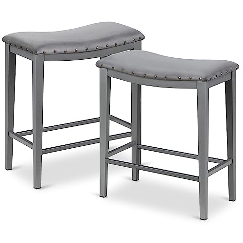 KATDANS Grey Bar Stools Set of 2 Counter Height 24 Inches Backless Barstools for Kitchen Counter Modern Saddle Stools Velvet Nailhead Upholstered Stools, KS718PN