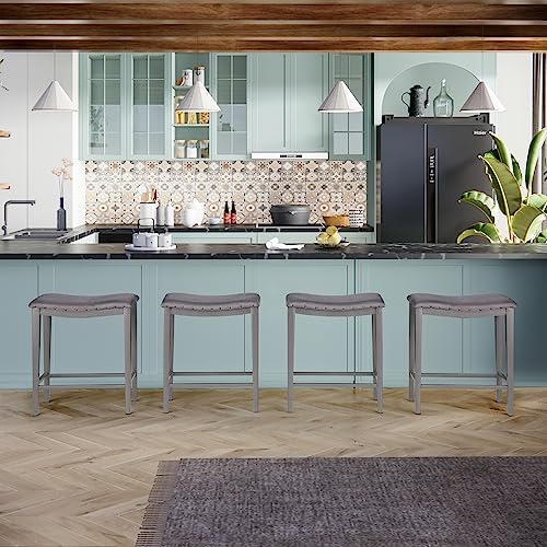 KATDANS Grey Bar Stools Set of 2 Counter Height 24 Inches Backless Barstools for Kitchen Counter Modern Saddle Stools Velvet Nailhead Upholstered Stools, KS718PN