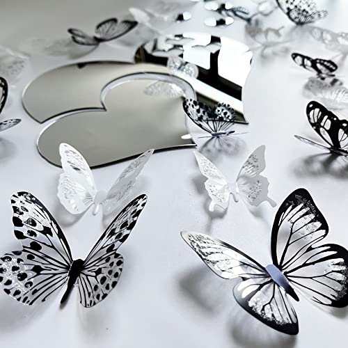 36pcs 3D Crystal Butterfly and 5pcs Silver Acrylic Mirror Hearts Wall Stickers with Adhesive Art Decal Satin Paper Baby Kids Bedroom Home DIY Decor Removable Stickers (36 Butterfly and Silver Heart)