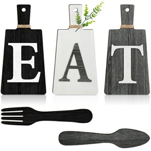 jetec cutting board eat sign set hanging art kitchen eat sign fork and spoon wall decor rustic primitive country farmhouse kitchen decor for kitchen and home decoration (black, white, gray)