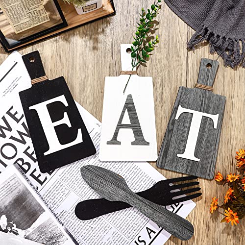 Jetec Cutting Board Eat Sign Set Hanging Art Kitchen Eat Sign Fork and Spoon Wall Decor Rustic Primitive Country Farmhouse Kitchen Decor for Kitchen and Home Decoration (Black, White, Gray)