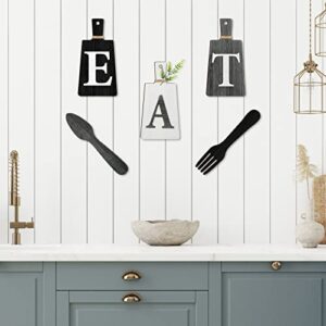 Jetec Cutting Board Eat Sign Set Hanging Art Kitchen Eat Sign Fork and Spoon Wall Decor Rustic Primitive Country Farmhouse Kitchen Decor for Kitchen and Home Decoration (Black, White, Gray)