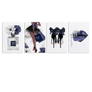 yamaxun art fashion art blue silver prints illustration african american gray navy perfume dripping lips high heels wall art decor set of