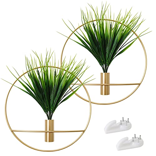 SAJANDAS Set of 2 Artificial Plants with Gold Metal Round Hanging Hoop for Wall Decor, Wall-Mounted Green Fake Plants in Metal Hoop for Modern Home Decor, Gold Wall Decor for Bedroom, Living Room