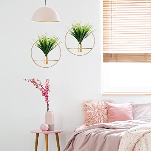 SAJANDAS Set of 2 Artificial Plants with Gold Metal Round Hanging Hoop for Wall Decor, Wall-Mounted Green Fake Plants in Metal Hoop for Modern Home Decor, Gold Wall Decor for Bedroom, Living Room