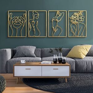 glamativity 4 pack gold wall art décor, minimalist décor single line art wall décor, real metal wall art, woman's body shape abstract wall art (gold classic style, m size 17 x 11.8'')