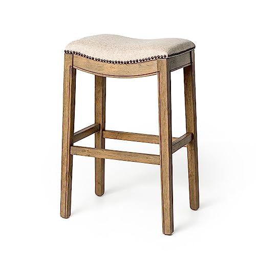 Maven Lane Adrien Kitchen Saddle Backless Bar Stool with Nailhead Trim, Natural, Bar Height