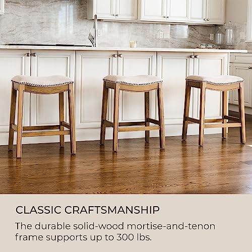 Maven Lane Adrien Kitchen Saddle Backless Bar Stool with Nailhead Trim, Natural, Bar Height