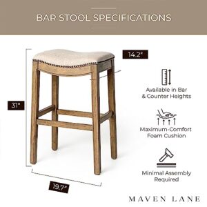 Maven Lane Adrien Kitchen Saddle Backless Bar Stool with Nailhead Trim, Natural, Bar Height