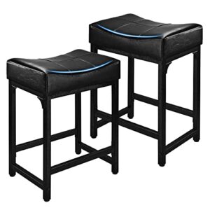 flyzc counter height bar stools set of 2, 24 inch stools for kitchen counter with soft cushion bar stools ​and barstools steel frame, black saddle stools for kitchen island bar support 300 lbs(black)