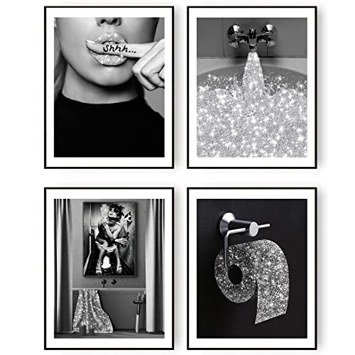 Admmixoo Funny Bathroom Decor Wall Art Prints Glam Glitter Tissue Bathroom Toilet Paper Artwork for Wall Black and White Modern Fashion Art Decor (8"x10" UNFRAMED)