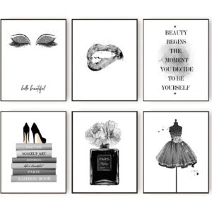 admmixoo fashion wall decor girls room decor glam silver gray wall art prints mini black skirt, flower perfume bottle, book, lips motto posters prints bedroom decor (8"x10" unframed)