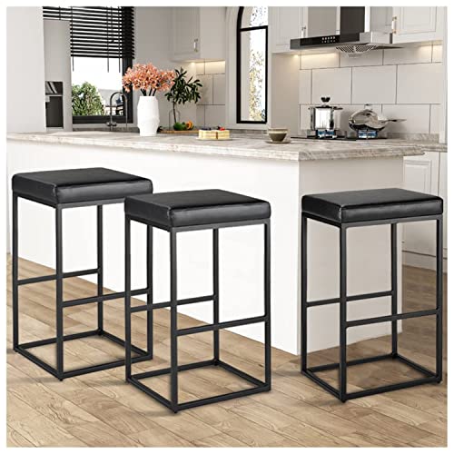 HeuGah Counter Height Bar Stools,30 inch Bar Height Stools,Faux Leather Bar Stools Set of 2,Modern Backless Bar Stools with Upholstered and Metal Steel Frame (30 Inch, Black)